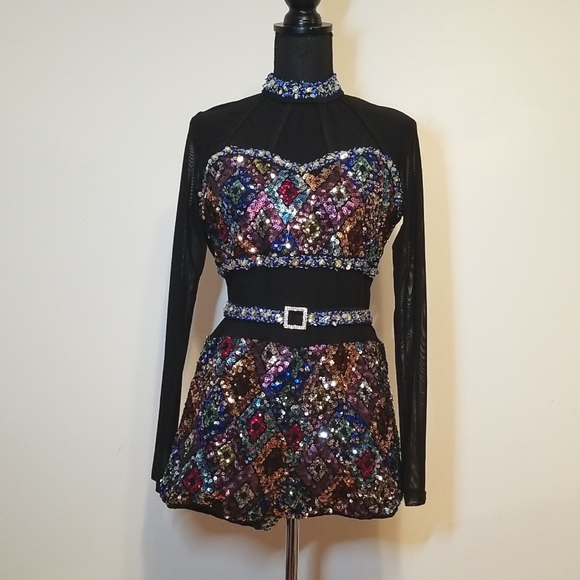 Glamour | Costumes | Glamour Sequin Dance Costume Sheer Sleeve Biketard ...
